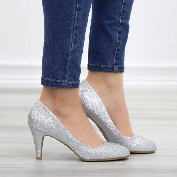 Shoes | Silver Shimmery Glitter Round Toe Kitten Low Heel Pumps | Poshmark